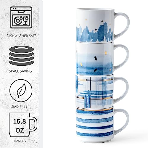 Divitis Home 15.8OZ stackable coffee mugs set of 4, new bone china coffee mugs, coffee cup sets of 4, coffee mugs set, coffee cup set, coffee cups, mugs, tea mugs, tea cups (Blue Vibes)