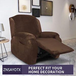 ZNSAYOTX Stretch Velvet Recliner Covers 4-Pieces, Thicker Soft Plush Recliner Chair Slipcover with Side Pockets, Washable Luxury Dog Cat Pets Proof Reclining Protector (Recliner, Dark Coffee)