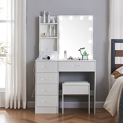 saicheng Modern Vanity Table Set with Stool, White Makeup Dressing Table with Sliding Lighted Mirror 10 Bulbs, Dresser Desk with 5 Storage Drawers