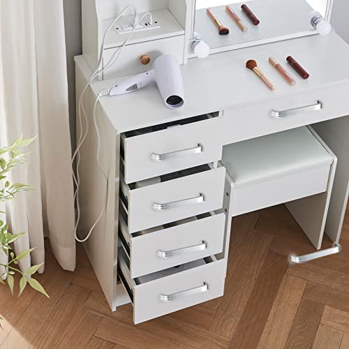 saicheng Modern Vanity Table Set with Stool, White Makeup Dressing Table with Sliding Lighted Mirror 10 Bulbs, Dresser Desk with 5 Storage Drawers