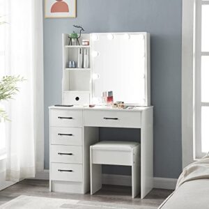 White Makeup Vanity Set with Sliding Lighted Mirror,Dressing Table with 5 Storage Drawers Shelves, Dresser Desk & Cushioned Stool Set for Bedroom