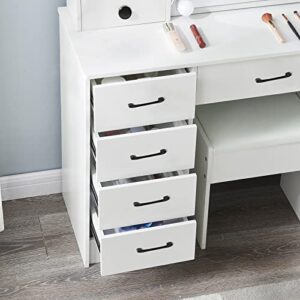 White Makeup Vanity Set with Sliding Lighted Mirror,Dressing Table with 5 Storage Drawers Shelves, Dresser Desk & Cushioned Stool Set for Bedroom