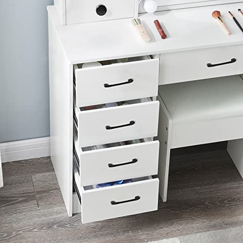 White Makeup Vanity Set with Sliding Lighted Mirror,Dressing Table with 5 Storage Drawers Shelves, Dresser Desk & Cushioned Stool Set for Bedroom