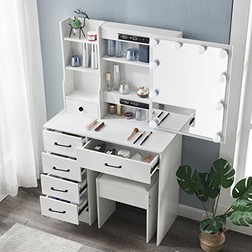 White Makeup Vanity Set with Sliding Lighted Mirror,Dressing Table with 5 Storage Drawers Shelves, Dresser Desk & Cushioned Stool Set for Bedroom