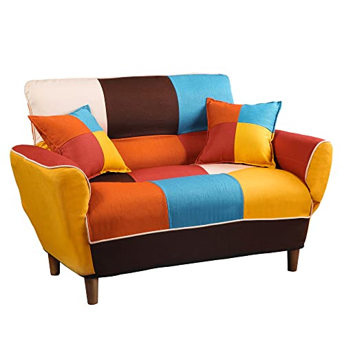 P PURLOVE Colorful Sleeper Sofa, Sofa with Adjustable Backrest and Adjustable Armrests, Small Couch with Solid Wood Legs and 2 Colored Pillows for Small Space, Apartment, Dorm