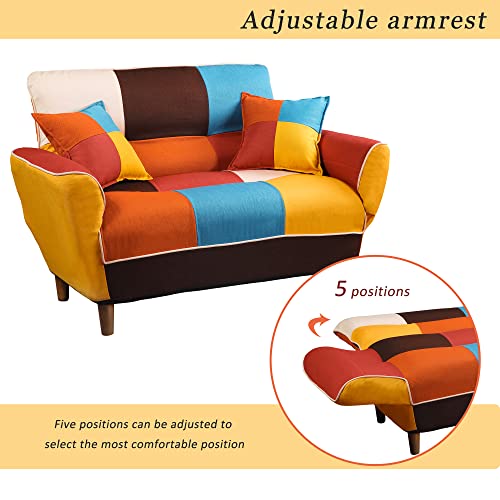 P PURLOVE Colorful Sleeper Sofa, Sofa with Adjustable Backrest and Adjustable Armrests, Small Couch with Solid Wood Legs and 2 Colored Pillows for Small Space, Apartment, Dorm