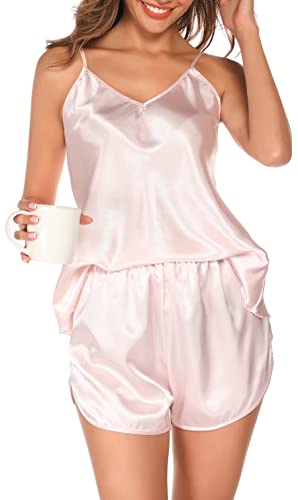 Vlazom Women's Silk Satin Pajamas Sets Cami Top and Shorts 2 Piece Nightwear Pink Size Small