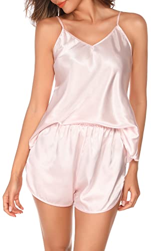 Vlazom Women's Silk Satin Pajamas Sets Cami Top and Shorts 2 Piece Nightwear Pink Size Small