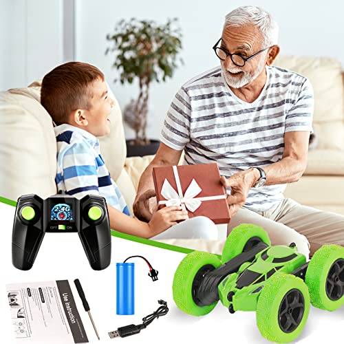 Remote Control Car Stunt RC Cars, 90 Min Playtime, 2.4Ghz Double Sided 360° Rotating RC Crawler with Headlights, 4WD Off Road Drift RC Race Car Toy for Boys and Girls Aged 6-12 Green