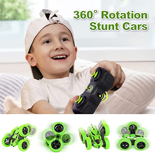 Remote Control Car Stunt RC Cars, 90 Min Playtime, 2.4Ghz Double Sided 360° Rotating RC Crawler with Headlights, 4WD Off Road Drift RC Race Car Toy for Boys and Girls Aged 6-12 Green