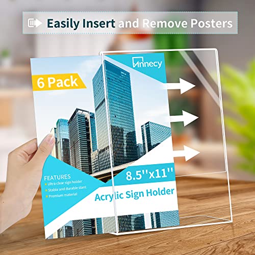 Annecy Sign Holder 8.5x11 6 Pack, Clear Slanted Plastic Sign Holder 8.5 x 11 Standing, Display Vertically Menu, Document, Paper, Suitable Desktop for Coffee, Hotel, Office, Public