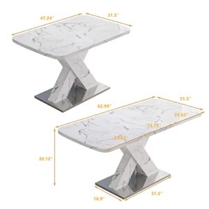 HomSof, White Modern Dining Stretchable Function, Marble Top, MDF X-Shape Table Leg and Metal Base, 62.99" Square