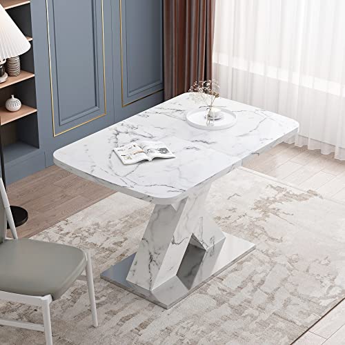 HomSof, White Modern Dining Stretchable Function, Marble Top, MDF X-Shape Table Leg and Metal Base, 62.99" Square