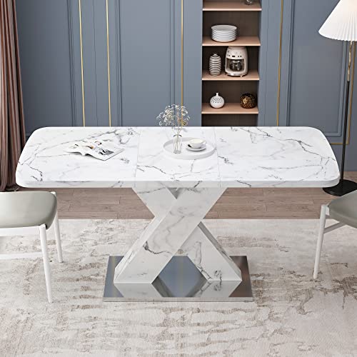 HomSof, White Modern Dining Stretchable Function, Marble Top, MDF X-Shape Table Leg and Metal Base, 62.99" Square