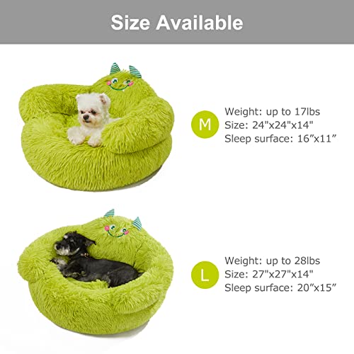 Jiupety Cute Calming Dog and Cat Bed, Indoor High Bolster Donut Dog Beds, Comfortable Plush Cuddler Dog Bed, M(24"x24"x14") Size for Small Dogs and Cats, Cute Cartoon Soft Bed, Green.