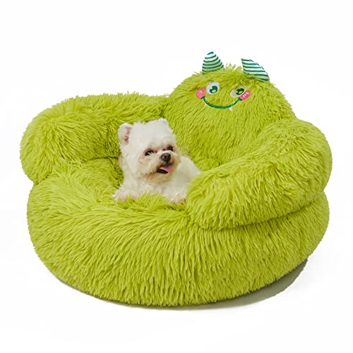 Jiupety Cute Calming Dog and Cat Bed, Indoor High Bolster Donut Dog Beds, Comfortable Plush Cuddler Dog Bed, M(24"x24"x14") Size for Small Dogs and Cats, Cute Cartoon Soft Bed, Green.