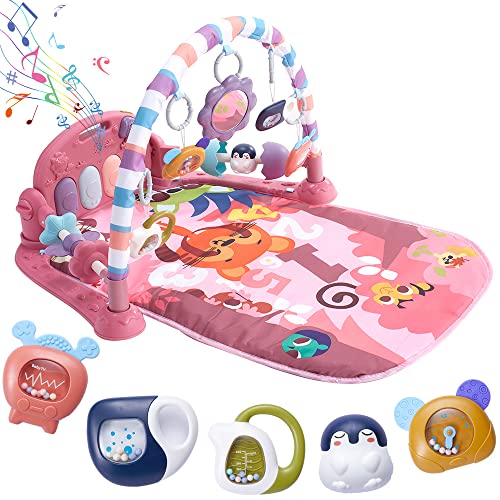 PWTAO Baby Play Mat Baby Musical Activity Gym Mat Kick and Play Piano Gym Early Development Activity Centers with 5 Hanging Toys Boy & Girl Gifts for Newborn Baby 0 to 3 6 9 12 Months