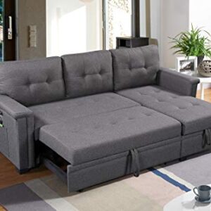 ERYE L-Shaped Corner Sleeper Sectional Couch Bed Linen Upholstery Sofa w/Reversible Storage Chaise,USB Charging Ports and Side Pocket for Home Apartment Office Living Room Furniture Sets, Dark Gray