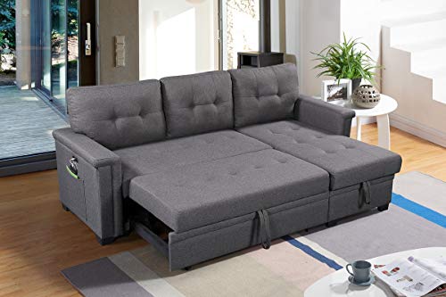 ERYE L-Shaped Corner Sleeper Sectional Couch Bed Linen Upholstery Sofa w/Reversible Storage Chaise,USB Charging Ports and Side Pocket for Home Apartment Office Living Room Furniture Sets, Dark Gray