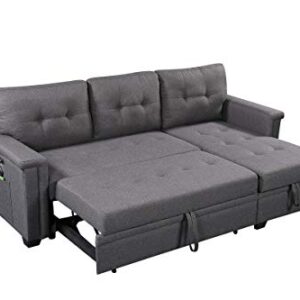 ERYE L-Shaped Corner Sleeper Sectional Couch Bed Linen Upholstery Sofa w/Reversible Storage Chaise,USB Charging Ports and Side Pocket for Home Apartment Office Living Room Furniture Sets, Dark Gray