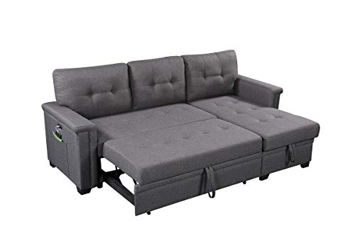 ERYE L-Shaped Corner Sleeper Sectional Couch Bed Linen Upholstery Sofa w/Reversible Storage Chaise,USB Charging Ports and Side Pocket for Home Apartment Office Living Room Furniture Sets, Dark Gray