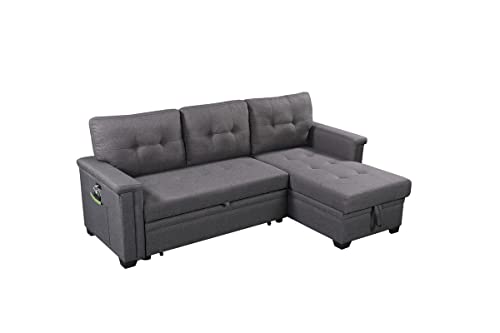 ERYE L-Shaped Corner Sleeper Sectional Couch Bed Linen Upholstery Sofa w/Reversible Storage Chaise,USB Charging Ports and Side Pocket for Home Apartment Office Living Room Furniture Sets, Dark Gray