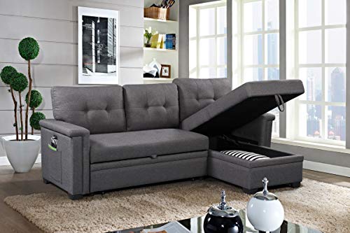 ERYE L-Shaped Corner Sleeper Sectional Couch Bed Linen Upholstery Sofa w/Reversible Storage Chaise,USB Charging Ports and Side Pocket for Home Apartment Office Living Room Furniture Sets, Dark Gray