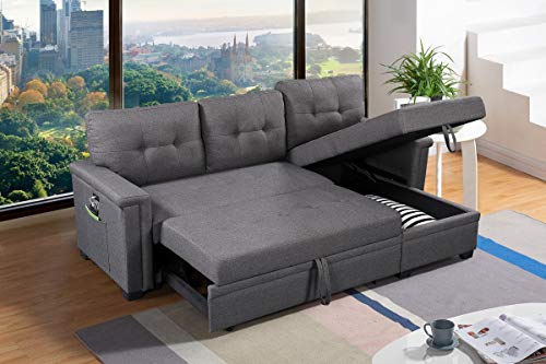 ERYE L-Shaped Corner Sleeper Sectional Couch Bed Linen Upholstery Sofa w/Reversible Storage Chaise,USB Charging Ports and Side Pocket for Home Apartment Office Living Room Furniture Sets, Dark Gray