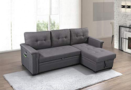 ERYE L-Shaped Corner Sleeper Sectional Couch Bed Linen Upholstery Sofa w/Reversible Storage Chaise,USB Charging Ports and Side Pocket for Home Apartment Office Living Room Furniture Sets, Dark Gray