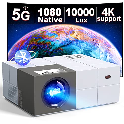 Native 1080P 5G WiFi Bluetooth Projector, 10000L Outdoor Movie Projector with Screen and 300" Display, Video Projector Compatible w/iOS/Android/Win/TV/PS5, White