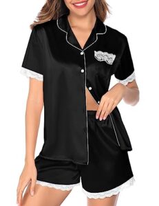 swomog women's silk lace pajama sets satin button down tops pjs lace shorts bottoms 2 pcs sleepwear lounge sets with pockets black