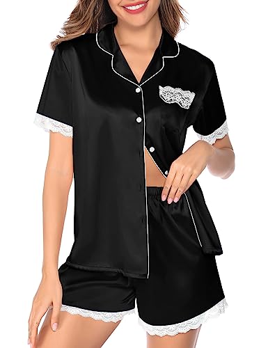 SWOMOG Women's Silk Lace Pajama Sets Satin Button Down Tops Pjs Lace Shorts Bottoms 2 Pcs Sleepwear Lounge Sets with Pockets Black