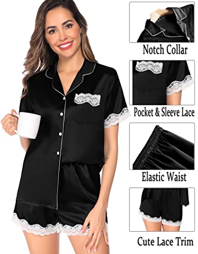 SWOMOG Women's Silk Lace Pajama Sets Satin Button Down Tops Pjs Lace Shorts Bottoms 2 Pcs Sleepwear Lounge Sets with Pockets Black