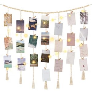 Mkono Macrame Hanging Photo Display Wall Decor with String Lights Boho Wooden Beads Garland Collage Picture Frame Holder with 45 Clips for Bedroom, Living Room, Nursery Dorm, Teenage Teen Girl Gifts