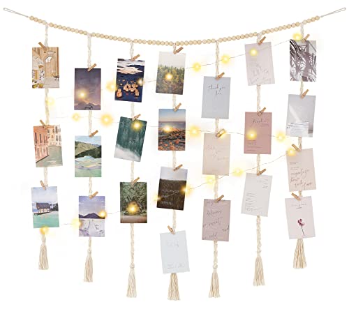 Mkono Macrame Hanging Photo Display Wall Decor with String Lights Boho Wooden Beads Garland Collage Picture Frame Holder with 45 Clips for Bedroom, Living Room, Nursery Dorm, Teenage Teen Girl Gifts