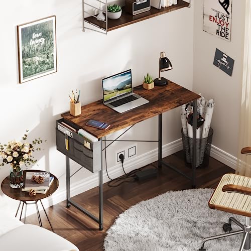 COTUBLR 31 Inch Computer Desk, Home Office Desk, Simple Modern Small Desk for Bedroom, Writing Desk with Storage Bag, Study Table for Students, Rustic Brown