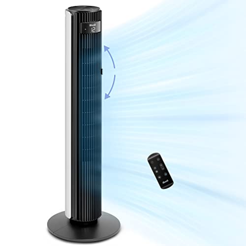 LEVOIT Tower Fan, Oscillating Quiet 42 Inch Fan 25ft/s Velocity 25dB With DC Motor, 12 Speeds Bladeless with Remote Blows Cold Air, 4 Modes, 12H Timer, Standing Fan for Home, White, 9.21D*8.62W*43.9H