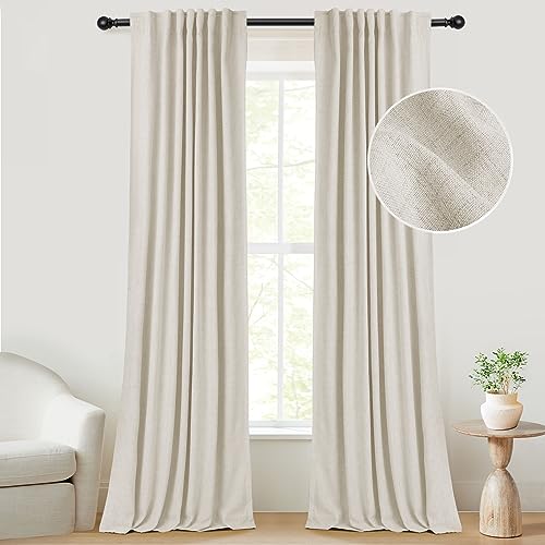 INOVADAY 100% Cream Blackout Curtains for Bedroom, Thermal Insulated Linen Blackout Curtains 108 Inch Length 2 Panels Set, Back Tab/Rod Pocket Room Darkening Curtains for Nursery - Cream, W50 X L108