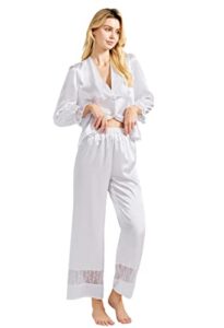 aw bridal 2pcs comfy womens loungewear set pj set v-ncek silk pajamas for women, long satin pajamas women, white, l| bridal party pajamas bride gifts bridesmaid gifts for wedding day