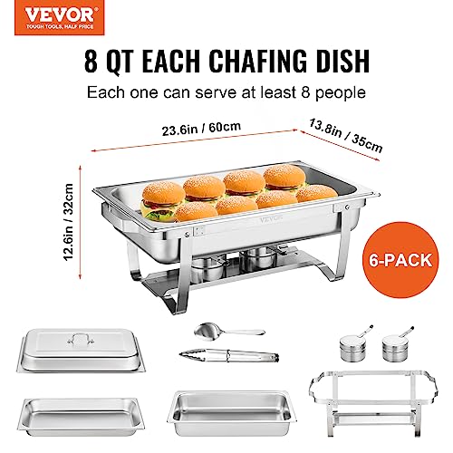 VEVOR Rectangle Catering Warmer Server Chafing Dish Buffet Set, 6 Packs, 8 Quart