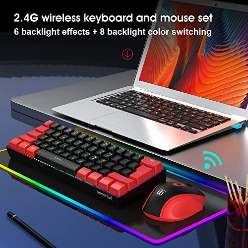 Snpurdiri 2.4G Wireless Gaming Keyboard and Mouse Combo, Include Mini 60% Merchanical Feel Keyboard, Ergonomic Vertical Feel Small Wireless Mouse(Red and Black)