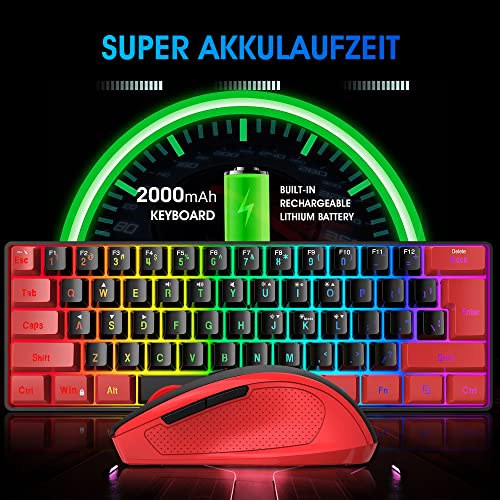 Snpurdiri 2.4G Wireless Gaming Keyboard and Mouse Combo, Include Mini 60% Merchanical Feel Keyboard, Ergonomic Vertical Feel Small Wireless Mouse(Red and Black)