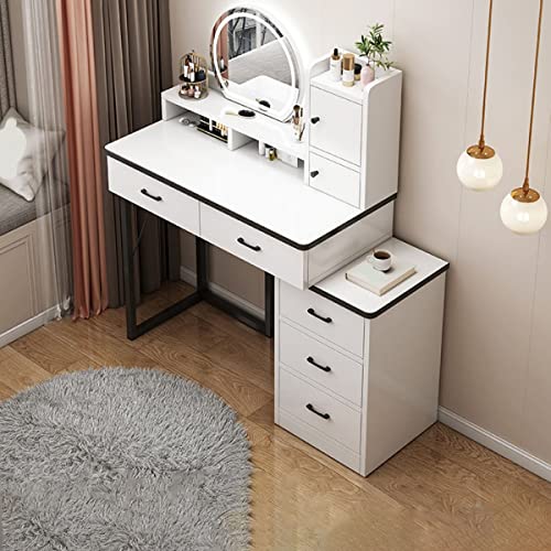 KWOKING Makeup Vanity Desk Table with 5 Drawers & LED Dimmable Mirror Dressing Table Bedroom Makeup Table Storage Cabinet Integrated Dresser White 16" D x 31.5" W x 47" H