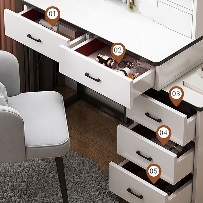 KWOKING Makeup Vanity Desk Table with 5 Drawers & LED Dimmable Mirror Dressing Table Bedroom Makeup Table Storage Cabinet Integrated Dresser White 16" D x 31.5" W x 47" H