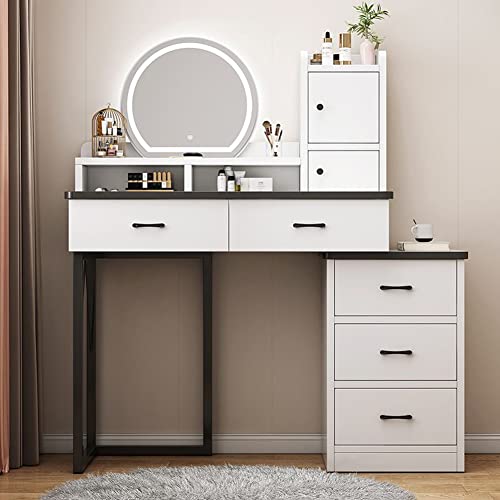 KWOKING Makeup Vanity Desk Table with 5 Drawers & LED Dimmable Mirror Dressing Table Bedroom Makeup Table Storage Cabinet Integrated Dresser White 16" D x 31.5" W x 47" H