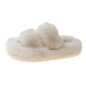 daisy's findings fluffy faux fur slippers comfy open toe two band slides fur slippers for comfort and style - fuzzy soft house slippers - open toe fluffy slippers white