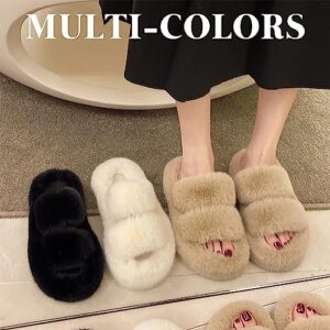 DAISY'S FINDINGS Fluffy Faux Fur Slippers Comfy Open Toe Two Band Slides Fur Slippers for Comfort and Style - Fuzzy Soft House Slippers - Open Toe Fluffy Slippers White