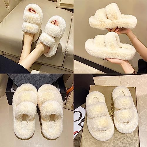 DAISY'S FINDINGS Fluffy Faux Fur Slippers Comfy Open Toe Two Band Slides Fur Slippers for Comfort and Style - Fuzzy Soft House Slippers - Open Toe Fluffy Slippers White