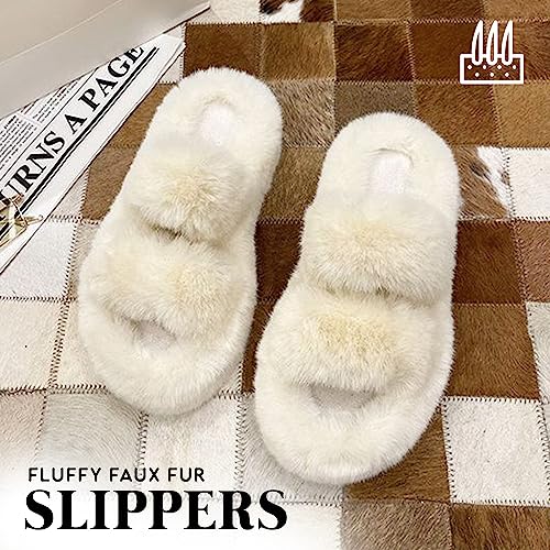 DAISY'S FINDINGS Fluffy Faux Fur Slippers Comfy Open Toe Two Band Slides Fur Slippers for Comfort and Style - Fuzzy Soft House Slippers - Open Toe Fluffy Slippers White