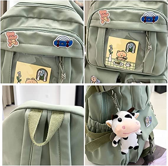 ZUCHON Kawaii Backpack with Pendant and Pins Kawaii School bag Cute Aesthetic Backpack Cute Kawaii Backpack for School (with Lunch Bag) Beige